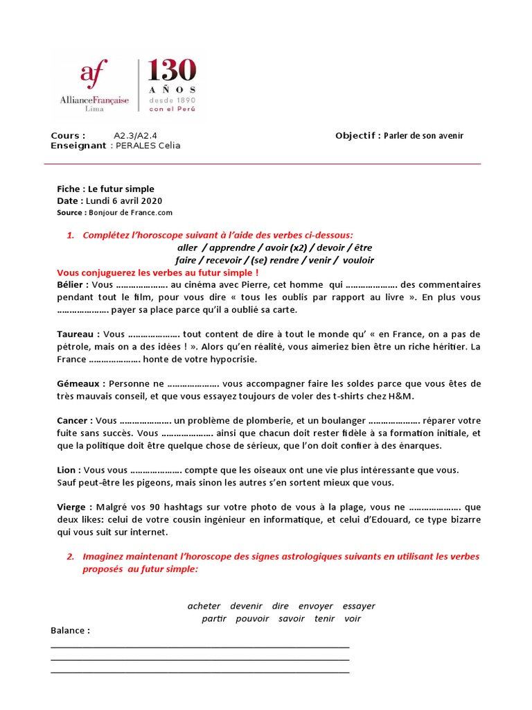Horoscope et futur simple en français | PDF | Signe astrologique ...