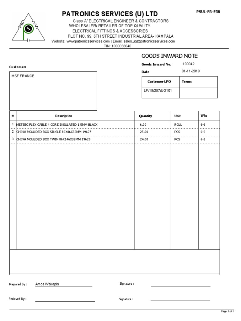 Good Inward Note - Sale PDF | PDF