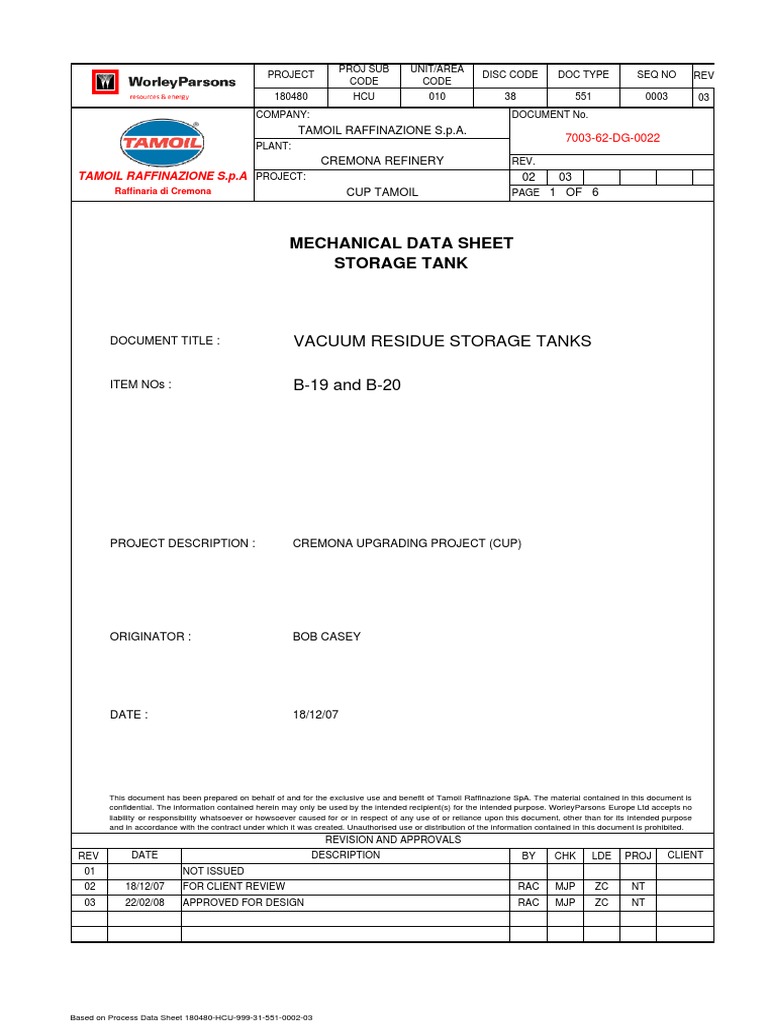 Storage Tank Mechanical Data Sheet: Vacuum Residue Storage Tanks | PDF ...