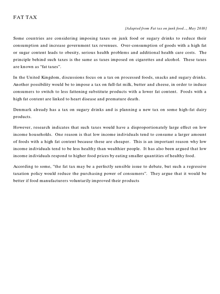 Fat Tax: (Adapted From Fat Tax On Junk Food, May 2010) | PDF