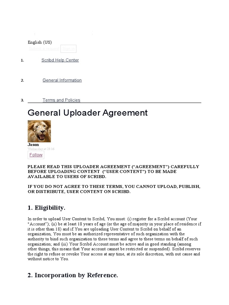General Uploader Agreement: 1. Eligibility | PDF | Scribd | License