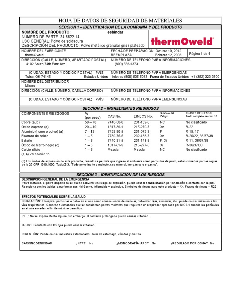 Tecnoweld MSDS Soldadura Thermoweld | PDF | Combustión | Cobre