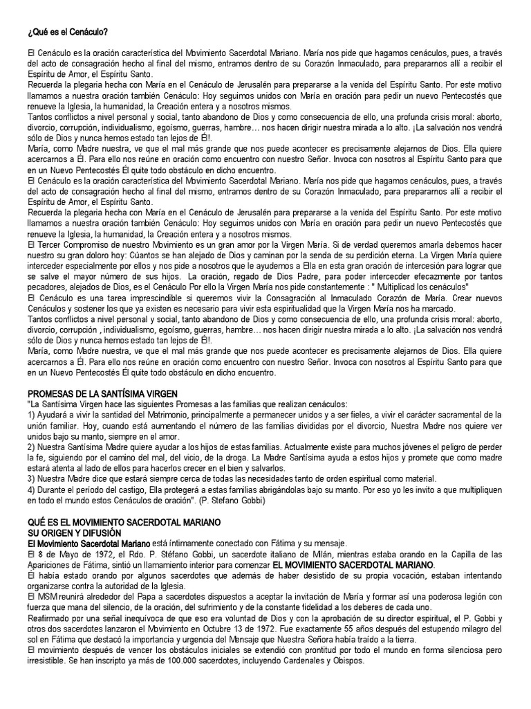 Qué Es El Cenáculo | PDF | María, madre de Jesús | Oración