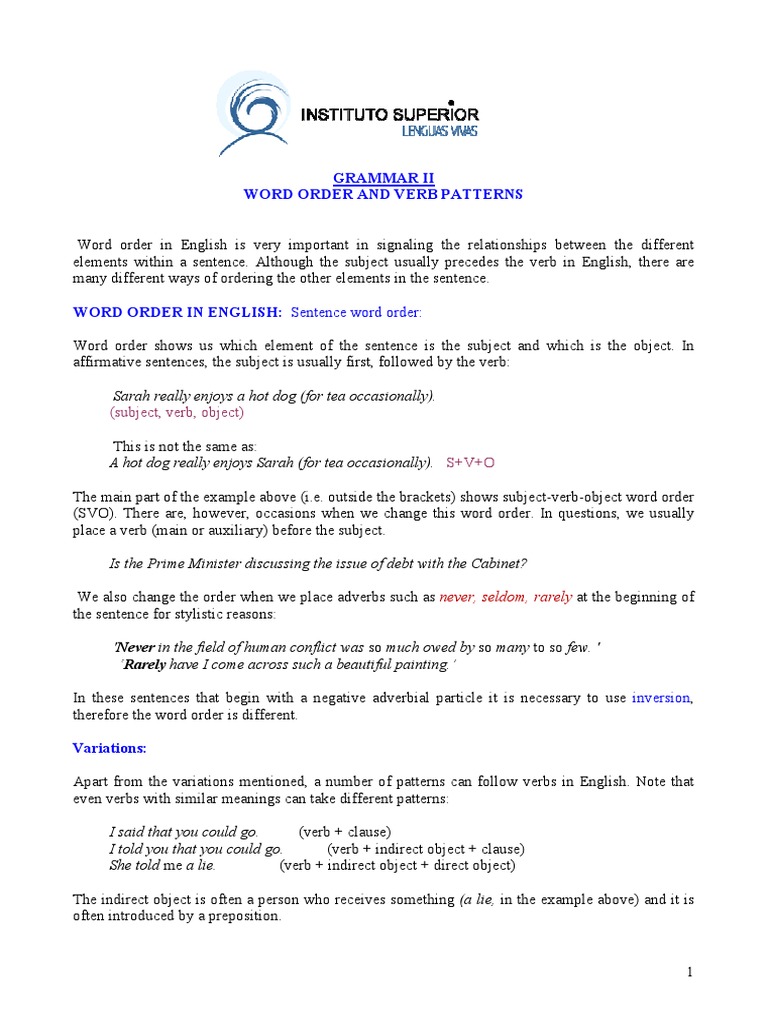 Word Order and Verb Patterns | PDF | Object (Grammar) | Verb