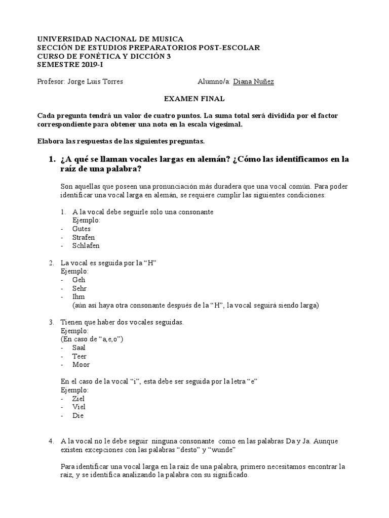 Examen de Fonética Alemana 2019-I | PDF | Vocal | Idioma aleman