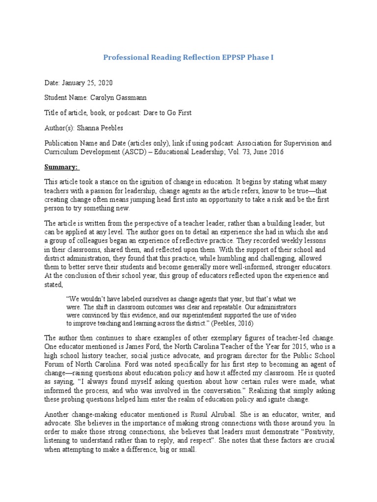 Professional Reading Reflection EPPSP Phase I: Summary | PDF | Teachers ...
