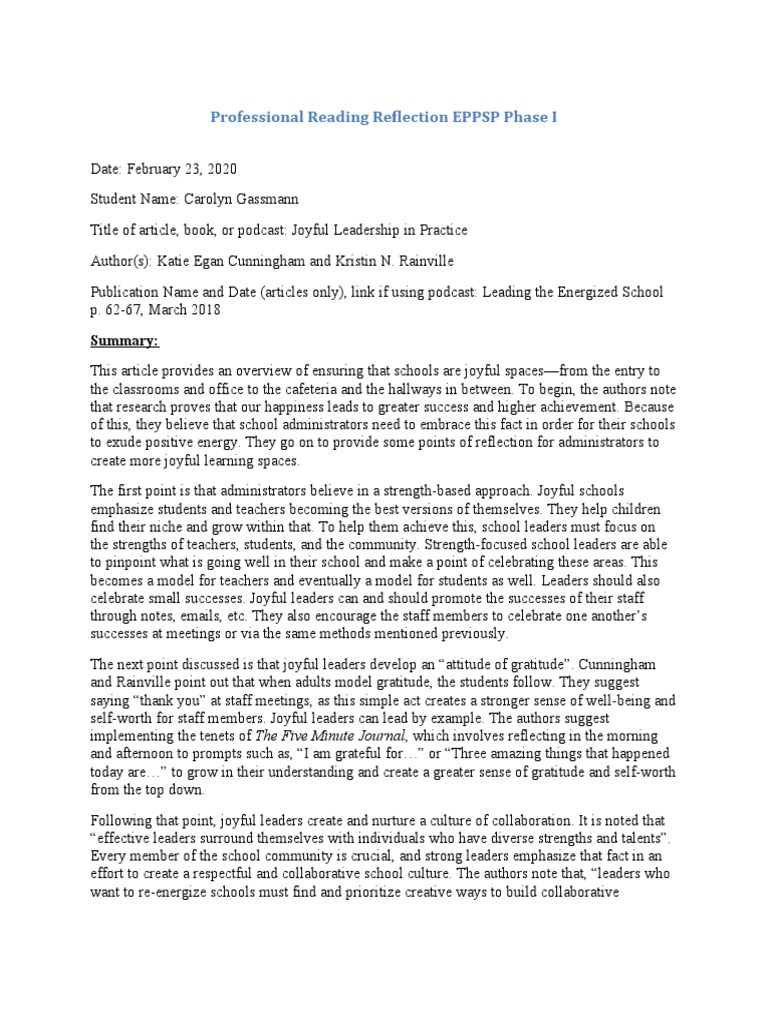 Professional Reading Reflection EPPSP Phase I: Summary | PDF | Teachers ...