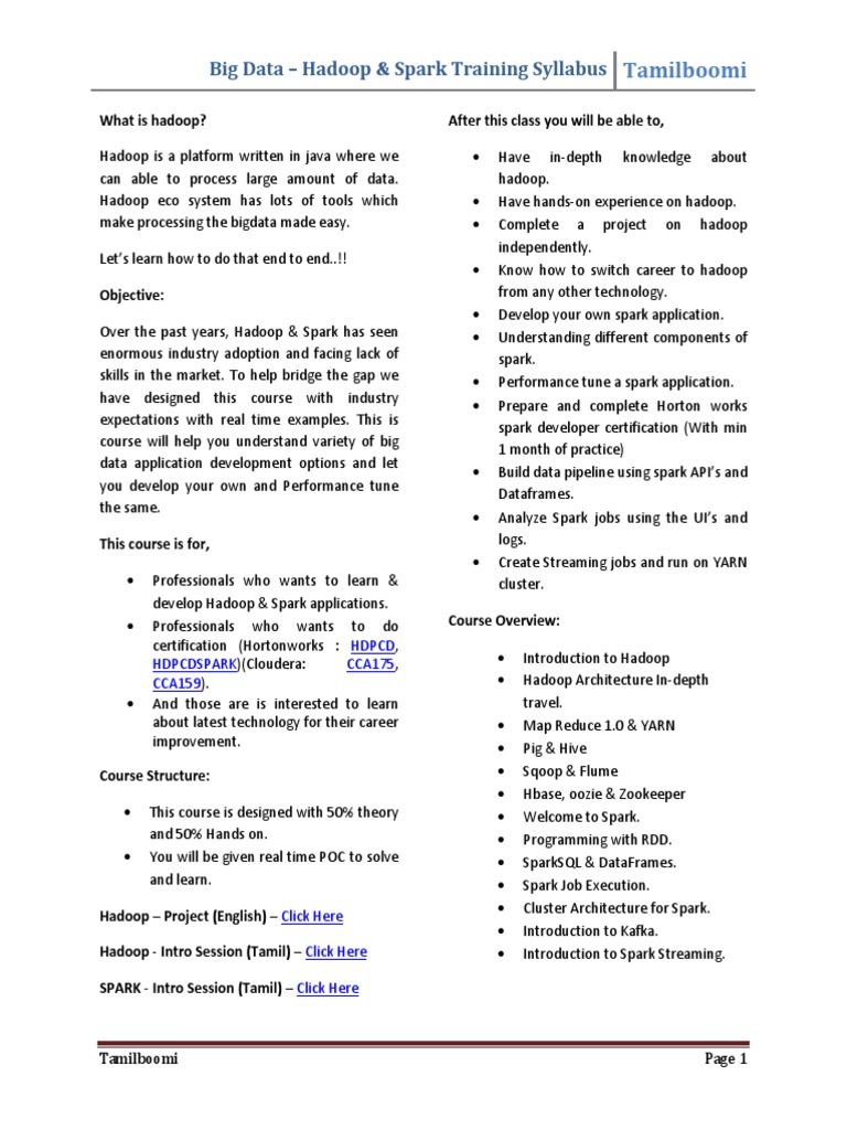Big Data Hadoop And Spark Training Syllabus Tamilboomi Pdf Apache Hadoop Apache Spark