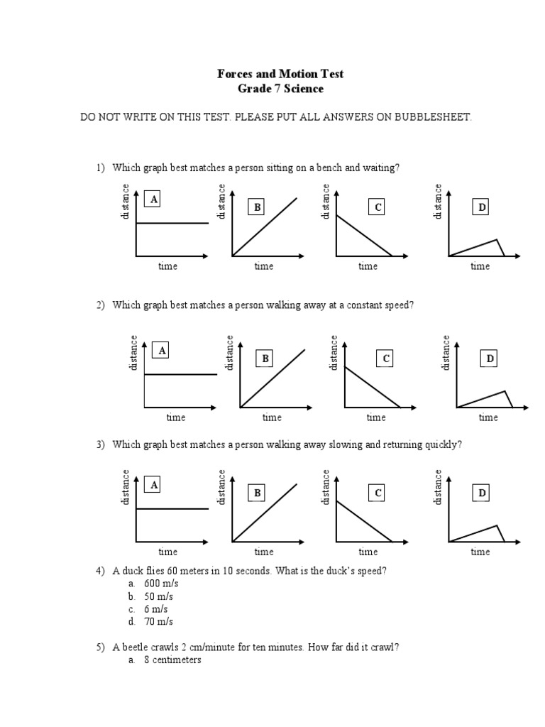 Forces and Motion Test Grade 7 Science: A B C D | PDF | Velocity ...