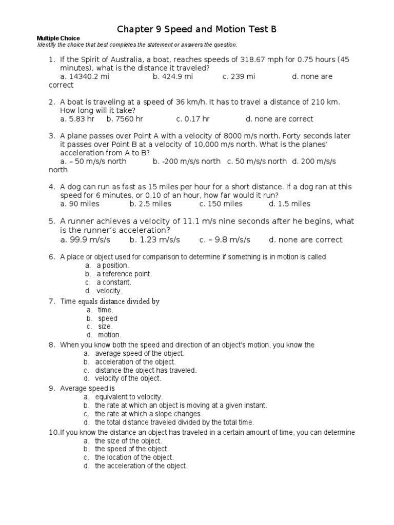 Speed and Motion Test B | PDF | Speed | Acceleration
