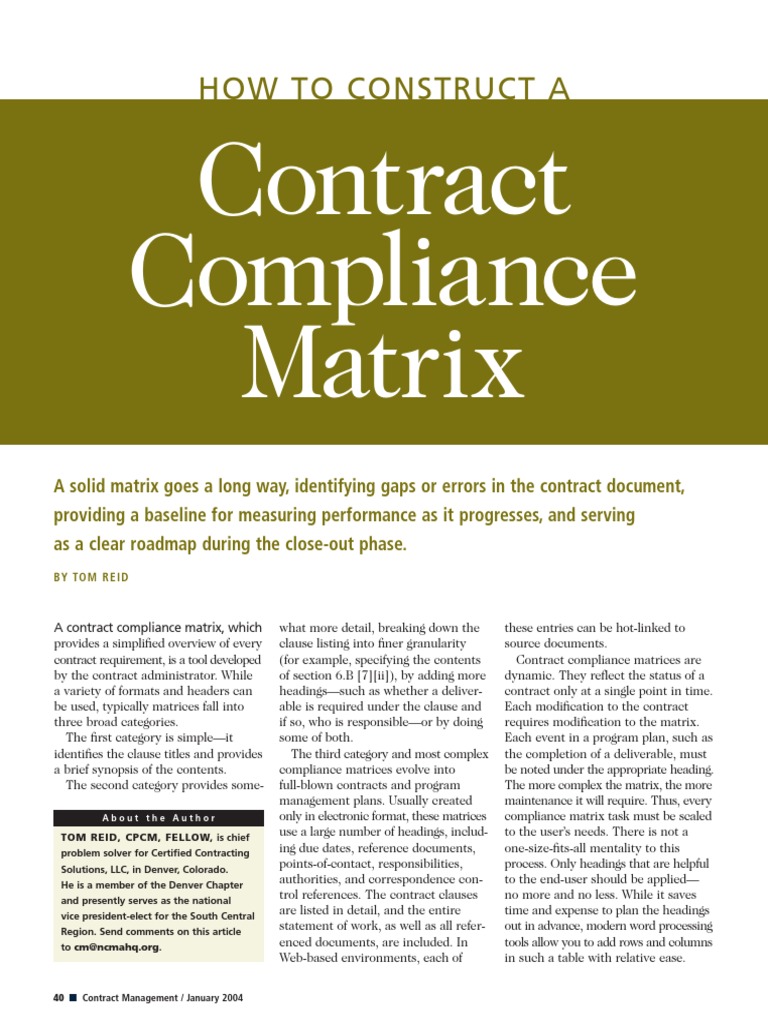 How To Constructs A Contract Compliance Matrix by Tom Reid | PDF ...