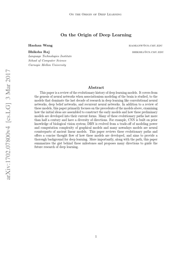 On The Origin of Deep Learning: Haohan Wang Bhiksha Raj | PDF | Deep ...
