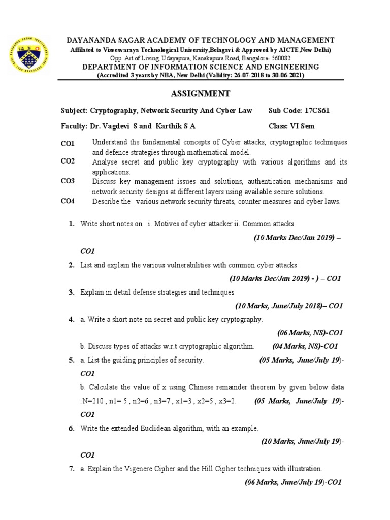 Assignment: CO1 CO2 CO3 CO4 | PDF | Cryptography | Encryption