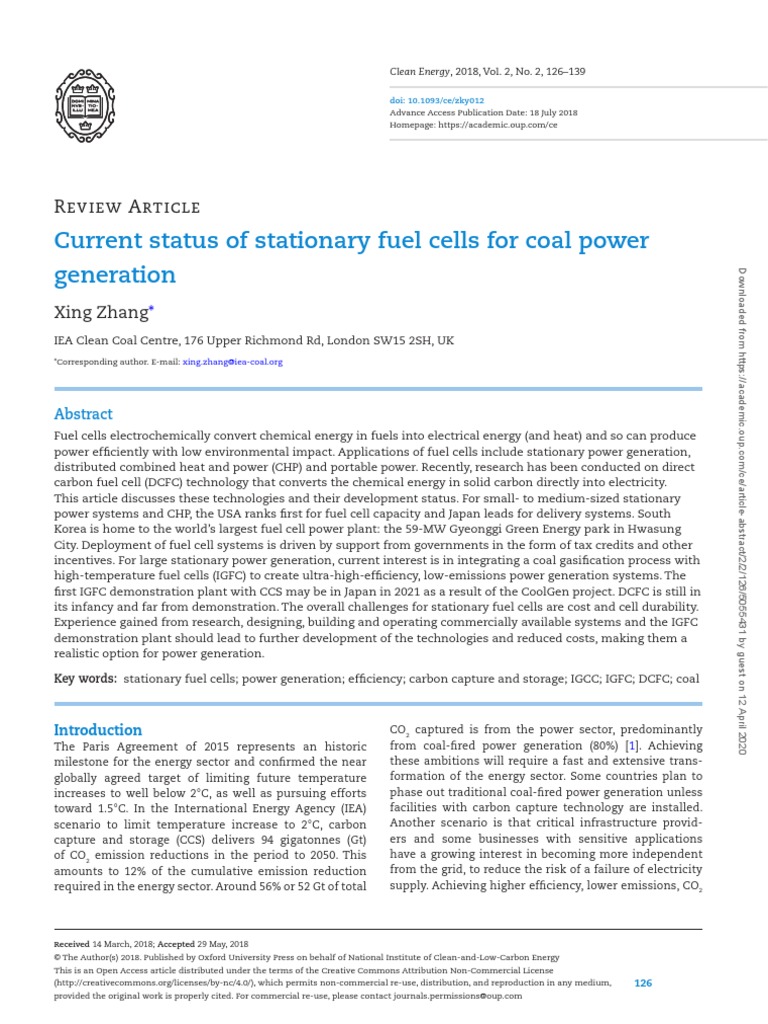 Current Status of Stationary Fuel Cells For Coal Power Generation ...