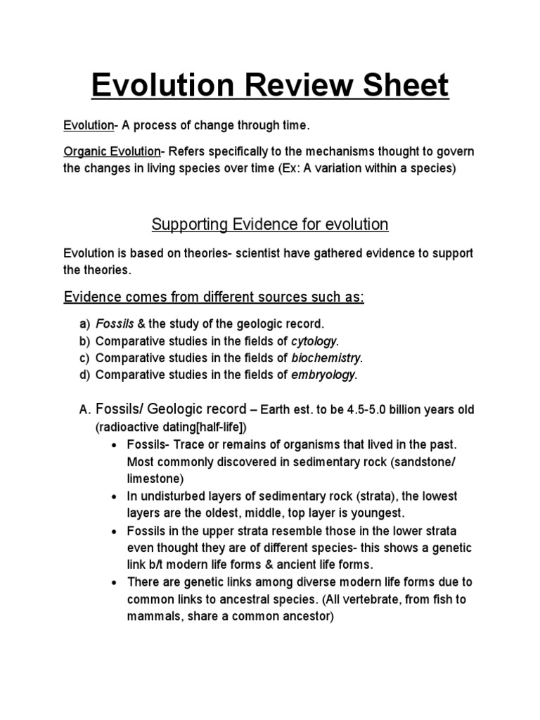 Evolution Review Sheet Supporting Evidence For Evolution Pdf