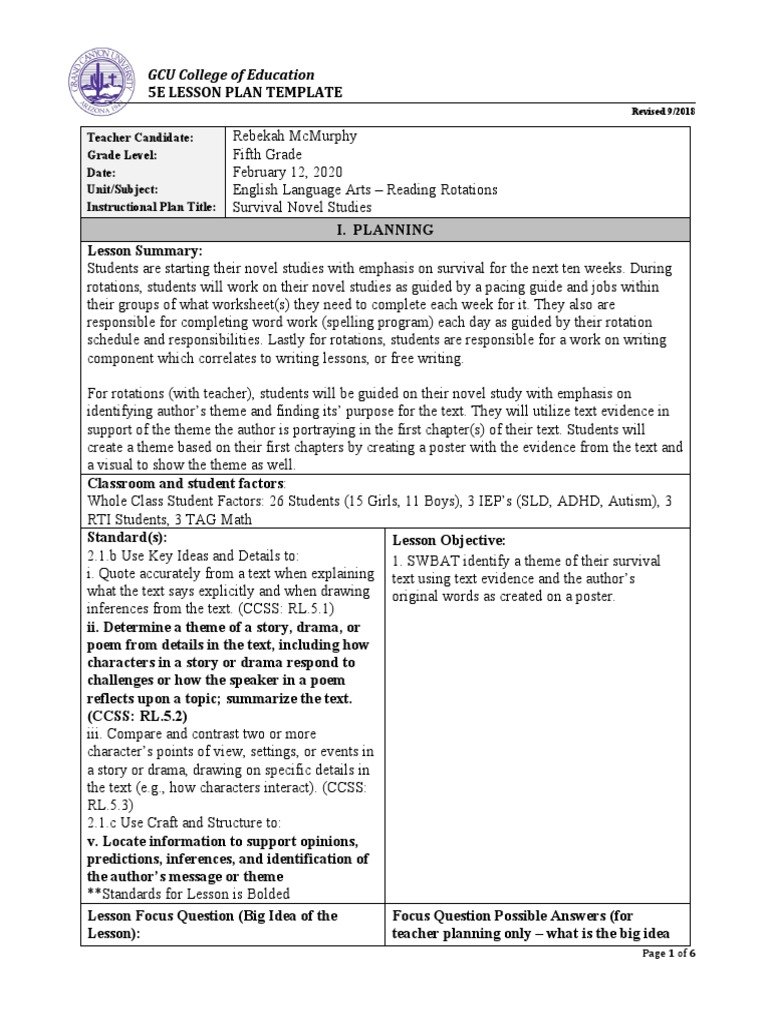 5E Lesson Plan: Survival Novel Studies | PDF | Cognitive Science | Pedagogy