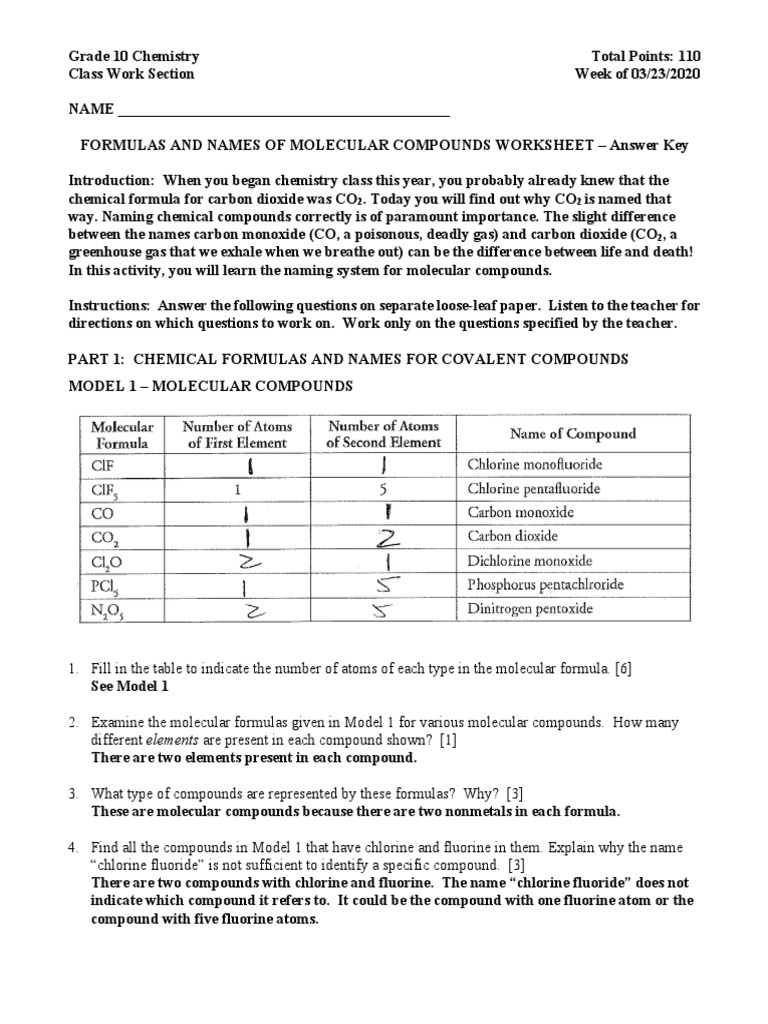 Molecular Formulas Worksheet Chemistry 11 Answers