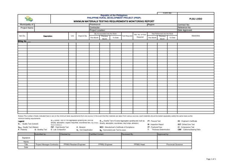 Minimum Materials Testing Requirements Monitoring Report: Form No | PDF ...