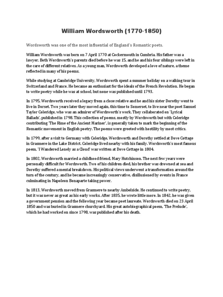 William Wordsworth: Life and Legacy | PDF