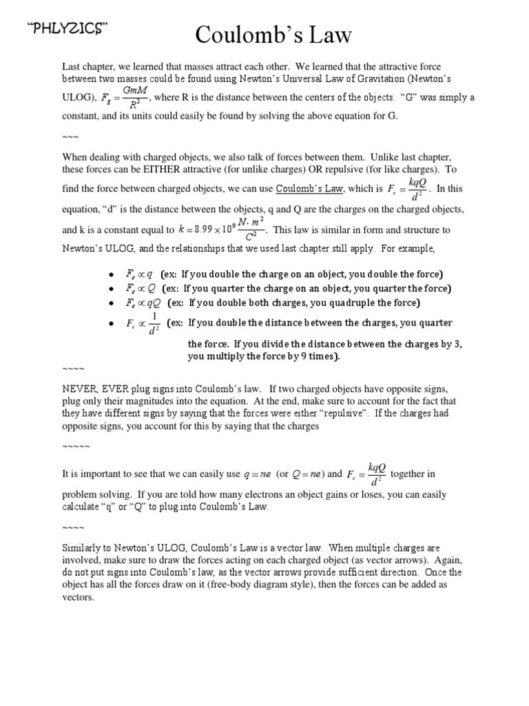 D4and5 Coulombs Law Worksheet With Reading Assignment Attached PDF ...