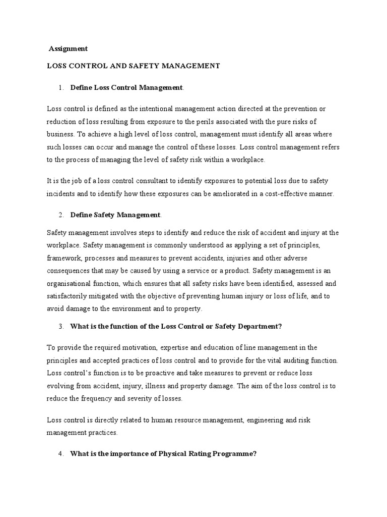 Loss Control and Safety Management Assignment | PDF | Occupational ...