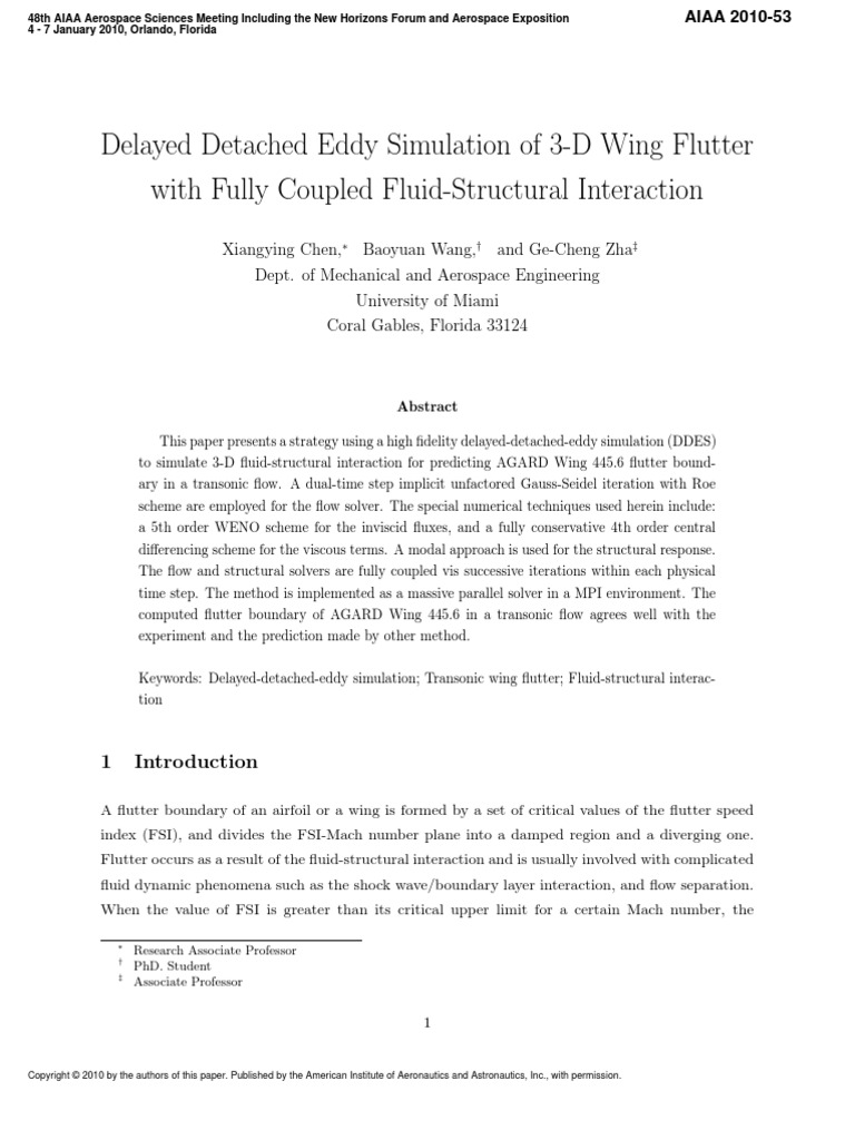 Delayed Detached Eddy Simulation of 3-D Wing Flutter With Fully Coupled ...