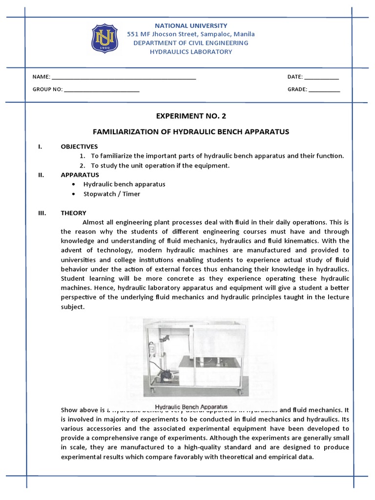 Experiment No. 2 Familiarization of Hydraulic Bench Apparatus | PDF ...
