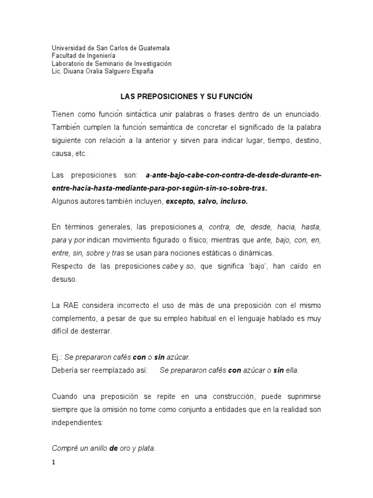 Las Preposiciones y Su Función PDF | PDF | Preposición y Postposición ...