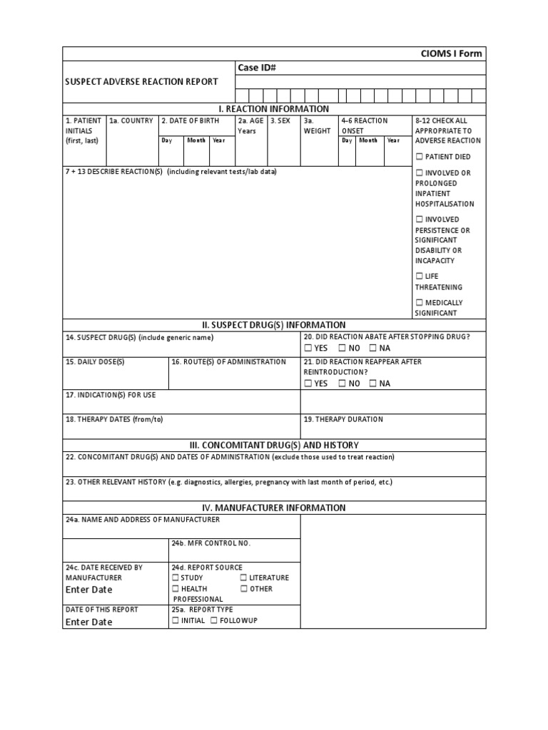 Adverse Event Report CIOMS I Form | PDF | Adverse Effect | Medical ...