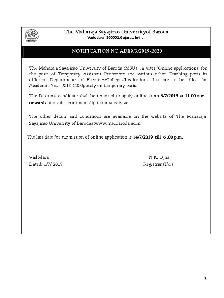 The Maharaja Sayajirao Universityof Baroda: NOTIFICATION NO - ADE9/3/ ...