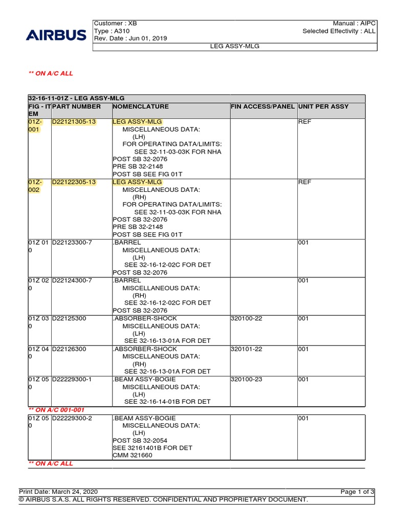 On A/C All: 32-16-11-01Z - LEG ASSY-MLG Fig - It EM Part Number ...