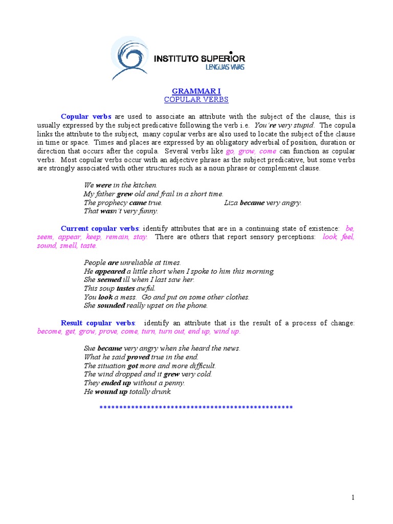 Grammar I: Copular Verbs | PDF