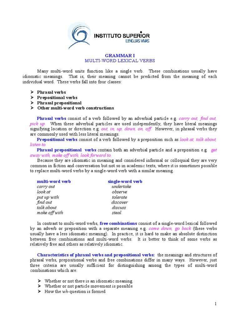 Grammar I: Multi-Word Lexical Verbs | PDF | Preposition And ...