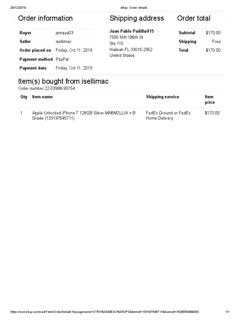 Ebay - Order Details | PDF