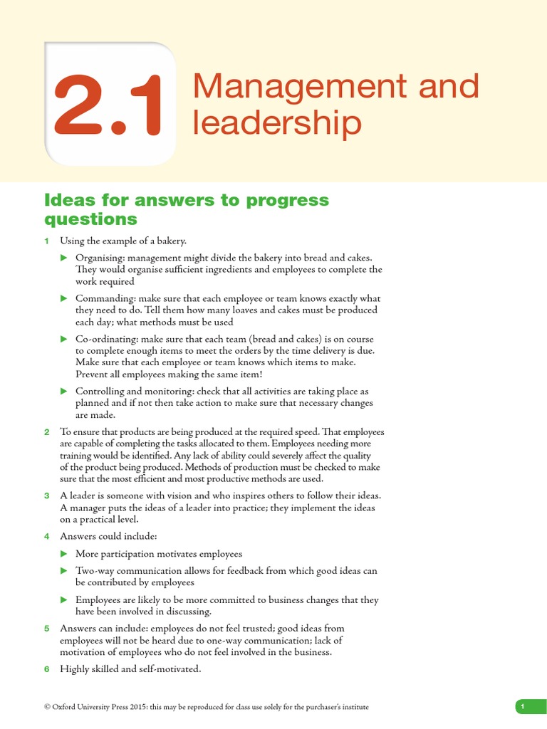 Management and Leadership: Ideas For Answers To Progress Questions ...