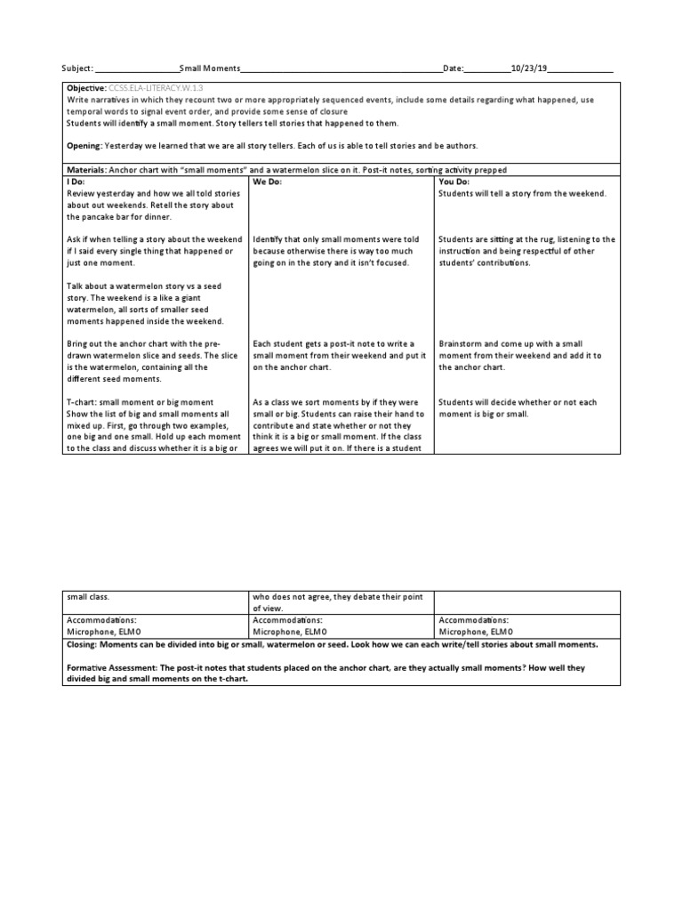 Lesson Plan Small Moments | PDF | Storytelling | Learning