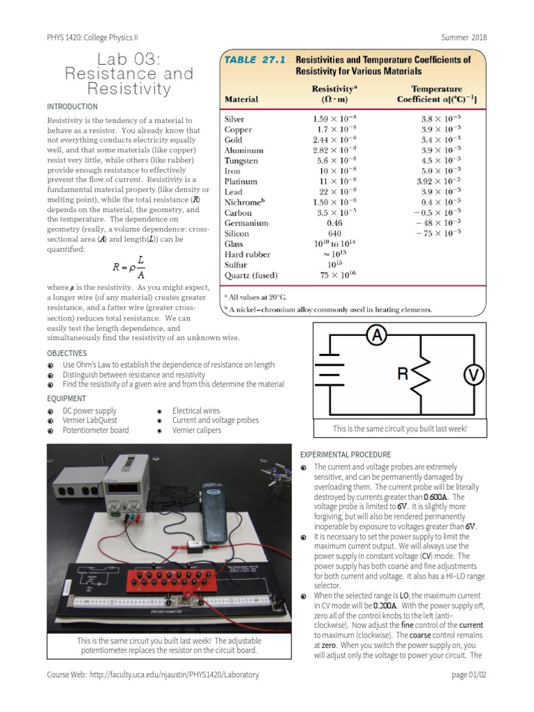 Lab 03: Resistance and Resistivity | PDF | Electrical Resistivity And ...