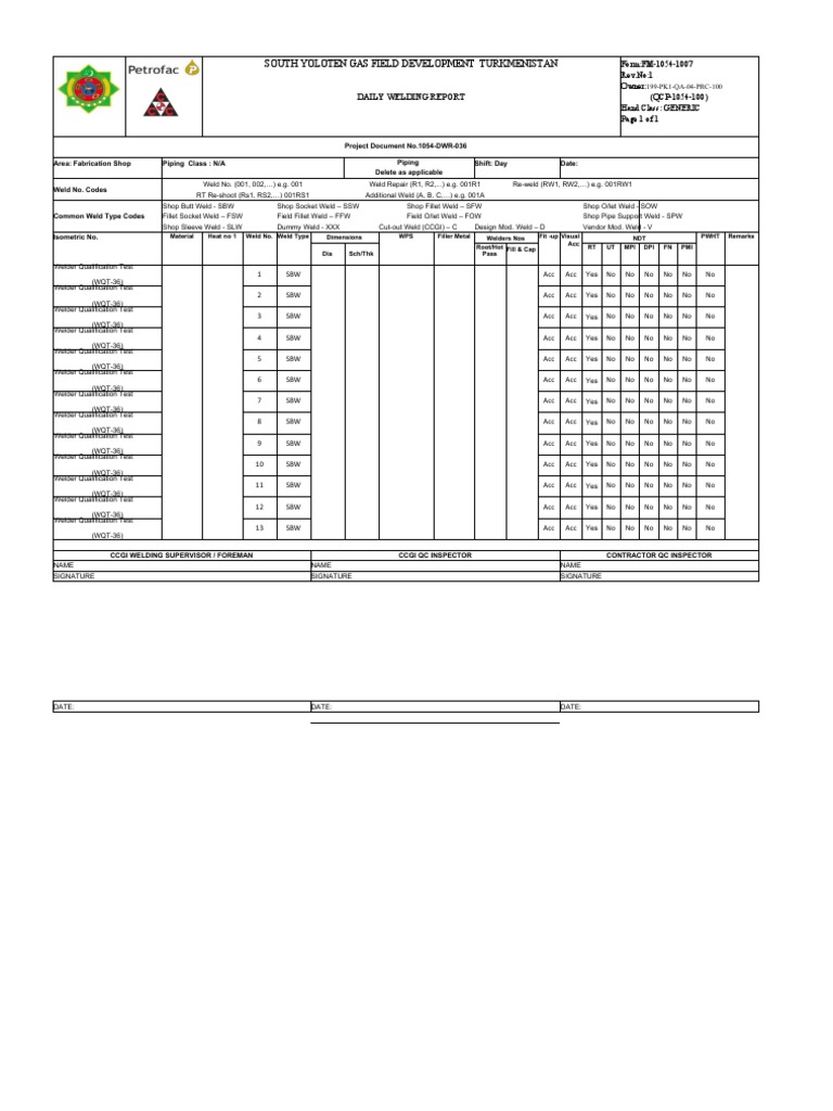 DWR WQT Excel Form PDF Welding Construction