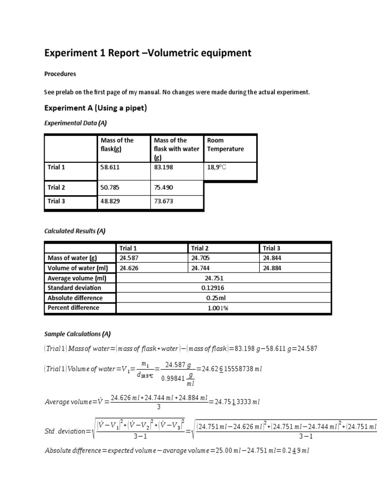 Experiment 1 Report - Volumetric Equipment: Experiment A (Using A Pipet ...
