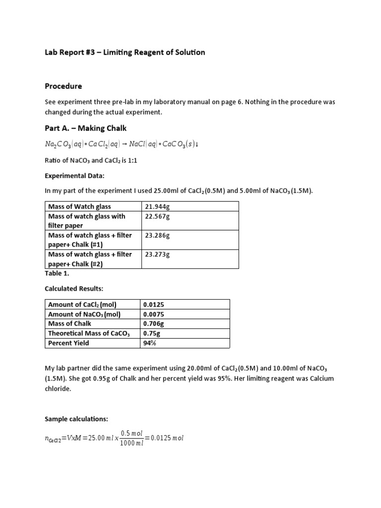 Lab Report #3 - Limiting Reagent of Solution: Na CO S) | PDF | Sodium ...