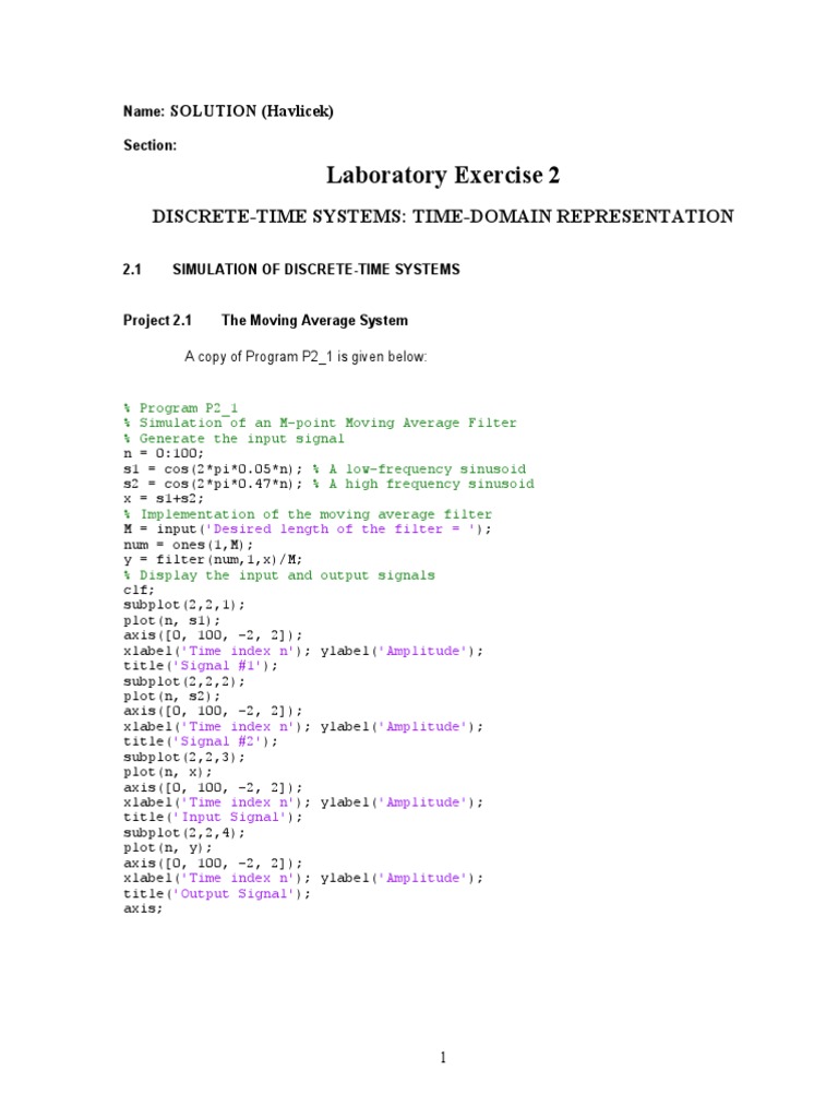Laboratory Exercise 2: Discrete-Time Systems: Time-Domain Representation | PDF | Low Pass Filter ...