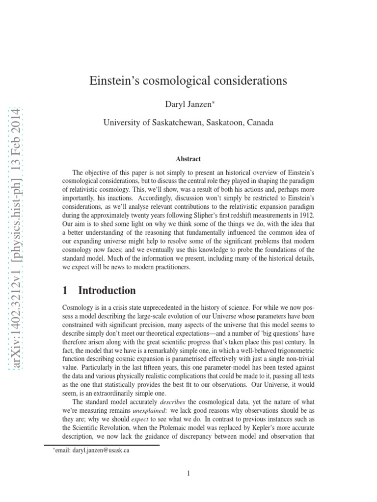 Einstein's Cosmological Considerations: Daryl Janzen University of ...