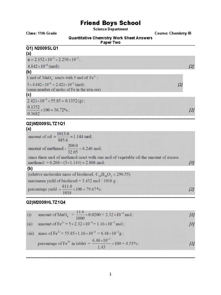 11th Grade Chemistry IB Worksheet Answers | PDF | Mass | Physical Sciences