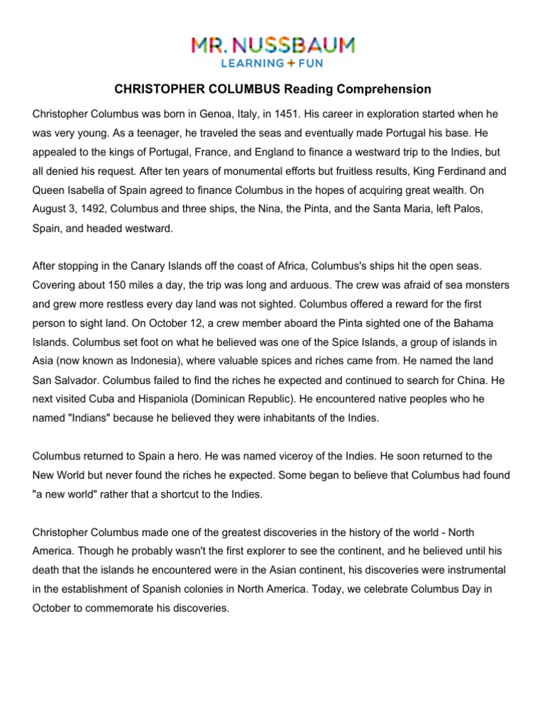 CHRISTOPHER COLUMBUS Reading Comprehension | PDF | Christopher Columbus ...