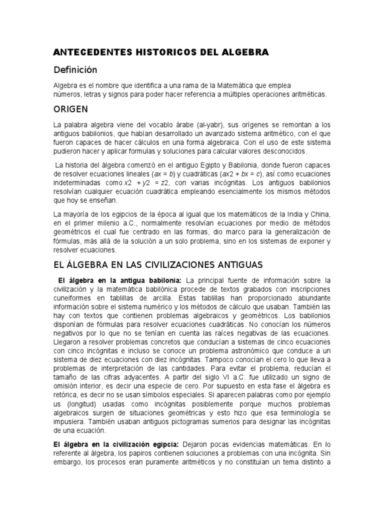 Historia Del álgebra Y Sus Orígenes Pdf álgebra Números