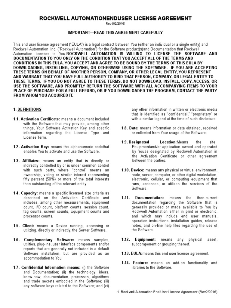 1 Rockwell Automation End User License Agreement (Rev2/2016) | PDF ...