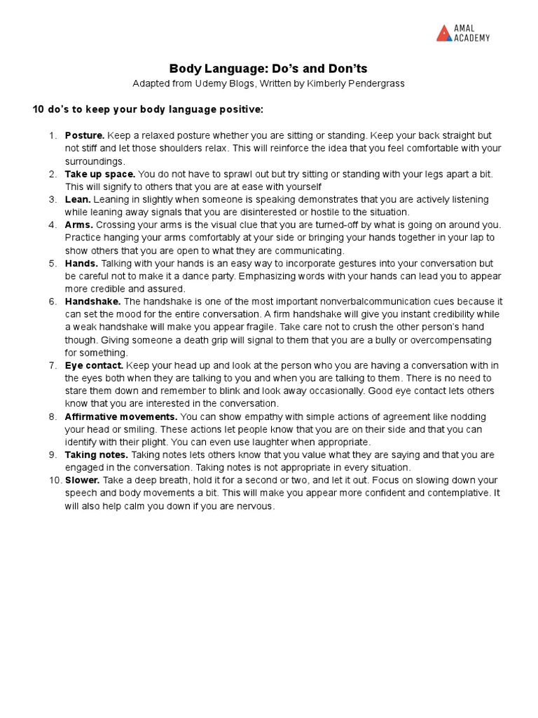 Body Language Do's and Don'ts | PDF | Body Language | Psychological ...