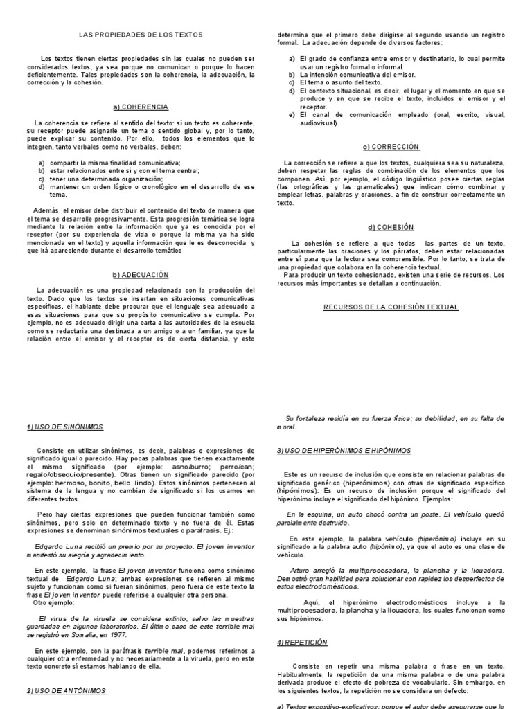 Las Propiedades de Los Textos. Recursos Cohesivos | PDF | Comunicación | Verbo