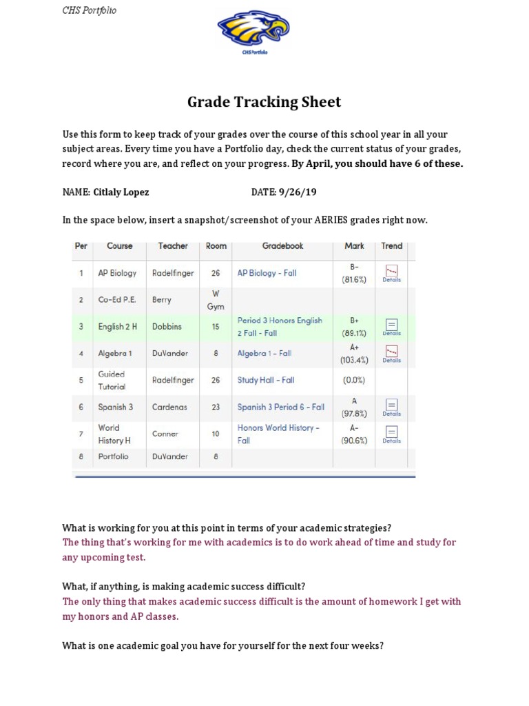 Grade Tracking Sheet 3 | PDF