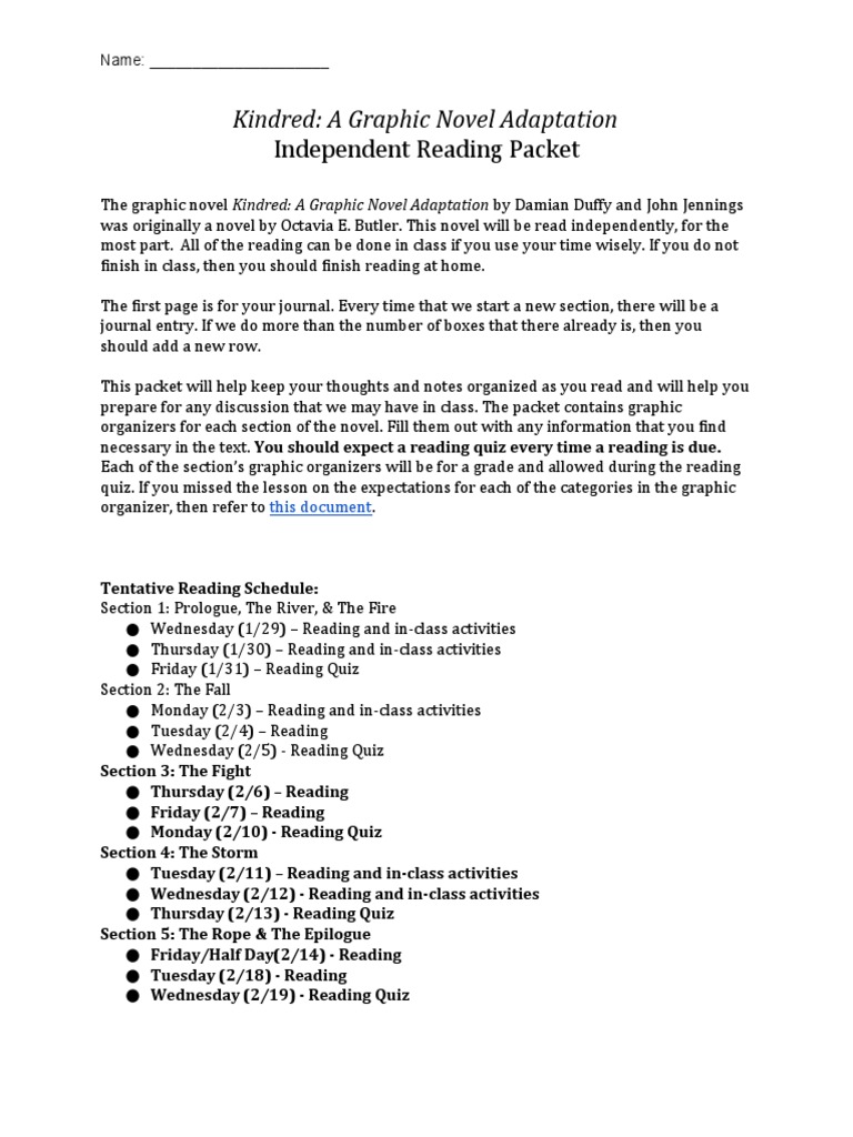 Kindred: A Graphic Novel Adaptation: Independent Reading Packet | PDF